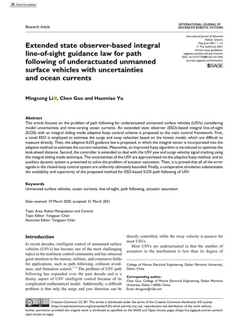 Pdf Extended State Observer Based Integral Line Of Sight Guidance Law For Path Following Of
