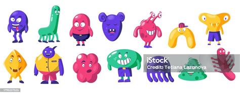 귀여운 추상 괴물 Doodle은 다양한 감정을 가진 외계인 캐릭터 귀여운 얼굴을 가진 인물을 재미있게 만듭니다 벡터 유치한 괴물 세트 가공의 인물에 대한 스톡 벡터 아트 및