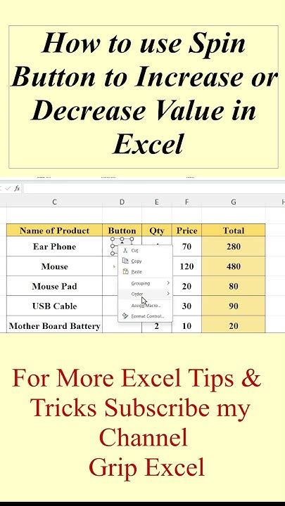 how to use spin button in excel to increase or decrease value in excel