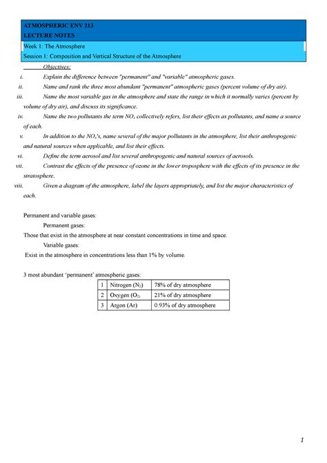 Lecture Notes Lecture All Atmospheric Env 213 Lecture Notes Week 1 The Atmosphere Session 1