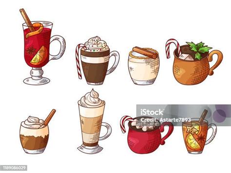 따뜻한 겨울 음료 세트 손으로 그린 스케치 에그노그 라떼 초콜릿 그로그 비세린 사이다 크리스마스 벡터 일러스트레이션 에그노그에 대한 스톡 벡터 아트 및 기타 이미지 Istock
