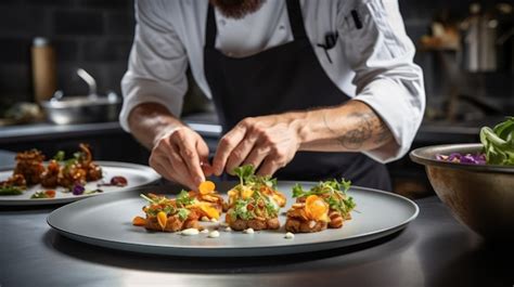 Premium Photo Male Chef Plating Food In Plate While Working