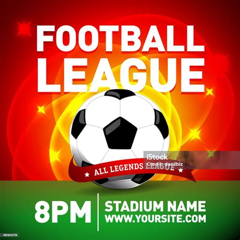 축구 볼 레드 축구 리그 전단지 디자인 템플릿 축구 스포츠 초대 템플릿입니다 벡터 일러스트 레이 션을 격리 0명에 대한 스톡