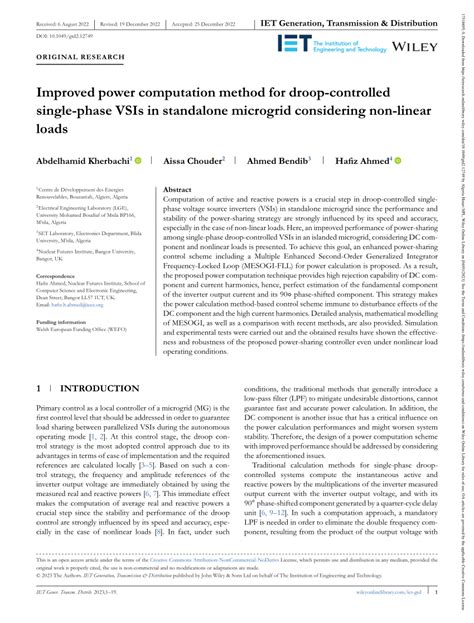 Pdf Improved Power Computation Method For Droop‐controlled Single‐phase Vsis In Standalone