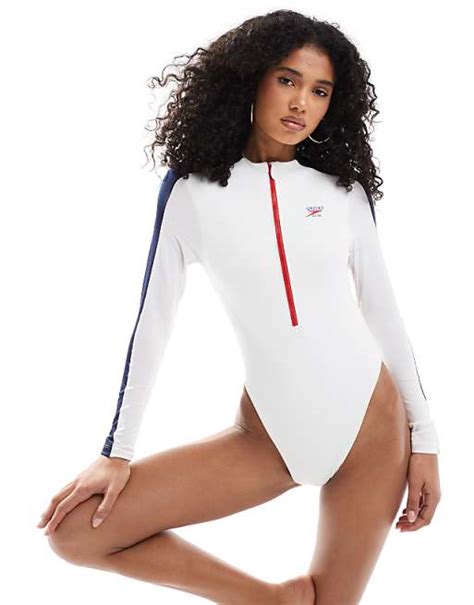Speedo Swimsuit Long Sleeve Zip Swimsuit In White Asos