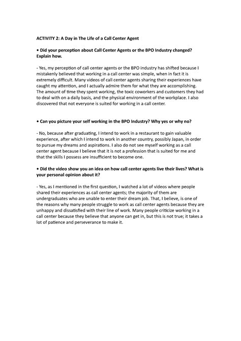 Activity A Day In The Life Of A Call Center Agent ACTIVITY A Day In The Life Of A Call