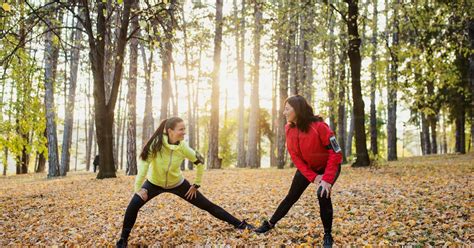 달리기 후 가을 자연 속에서 숲에서 야외에서 스트레칭을 하는 두 명의 활동적인 여성 주자 사진 Unsplash의 나무 이미지