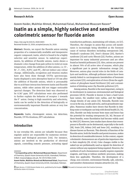 Pdf Isatin As A Simple Highly Selective And Sensitive Colorimetric Sensor For Fluoride Anion