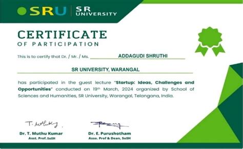 Certificate Of Participation In The Guest Lecture On Startup Shruthi Addagudi