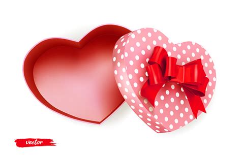 흰색 배경에 빨간 활과 물방울 무늬 패턴핑크 하트 모양 선물 상자 기프트 박스를 엽니다 3d 사실적 벡터 로맨틱한 휴일은 하트 모양을 제공합니다 벡터 그림입니다 2월에 대한