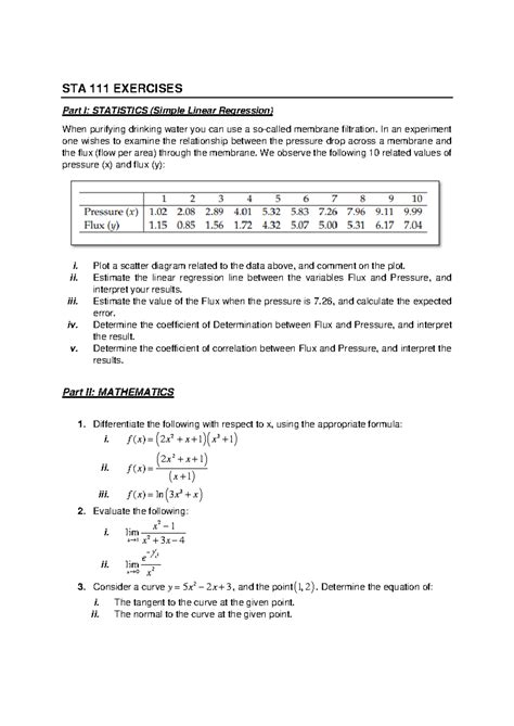 Sta 111 Exercises Chapter 7 Sta 111 Exercises Part I Statistics Simple Linear Regression