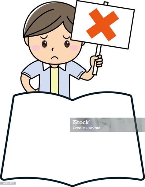 책과 공책의 간단한 액자와 오답 플래카드 일러스트 소재를 들고 있는 남자 20 29세에 대한 스톡 벡터 아트 및 기타 이미지 20 29세 감시 거절 Istock