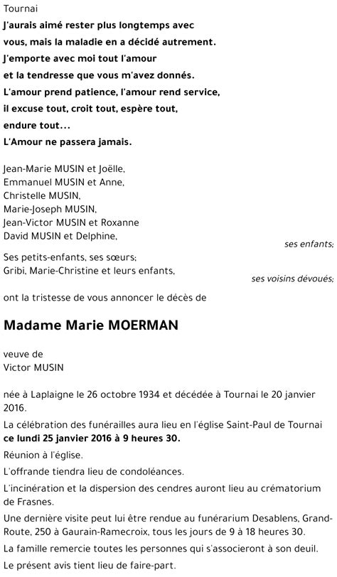 Avis De Décès De Marie Moerman Décédé Le 20 01 2016 à Tournai Annonce
