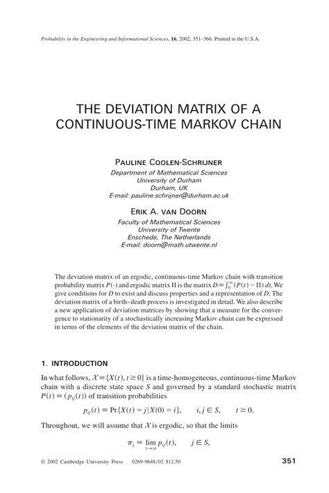 Pdf The Deviation Matrix Of A Continuous Time Markov Chain