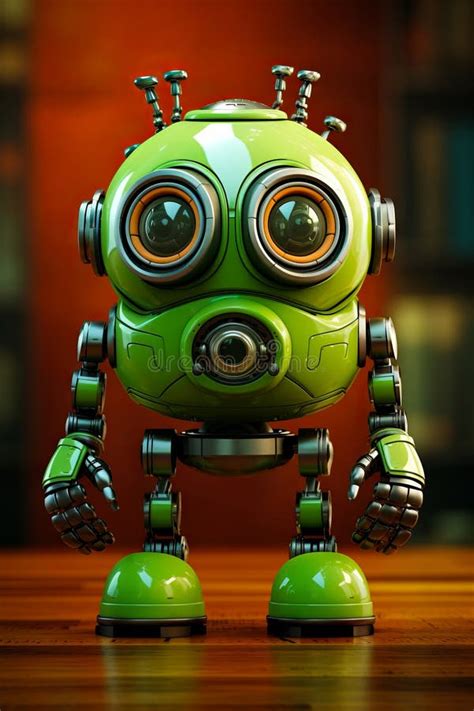 Green Robot With Big Eyes And Green Bell On Its Head Generative Ai Stock Image Image Of Space
