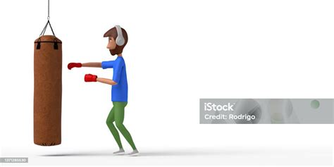 펀칭 백과 복싱 장갑으로 권투를 연습하는 남자 심혈관 스포츠 공간을 복사합니다 3d 일러스트레이션 만화 3차원 형태에 대한 스톡 사진 및 기타 이미지 Istock