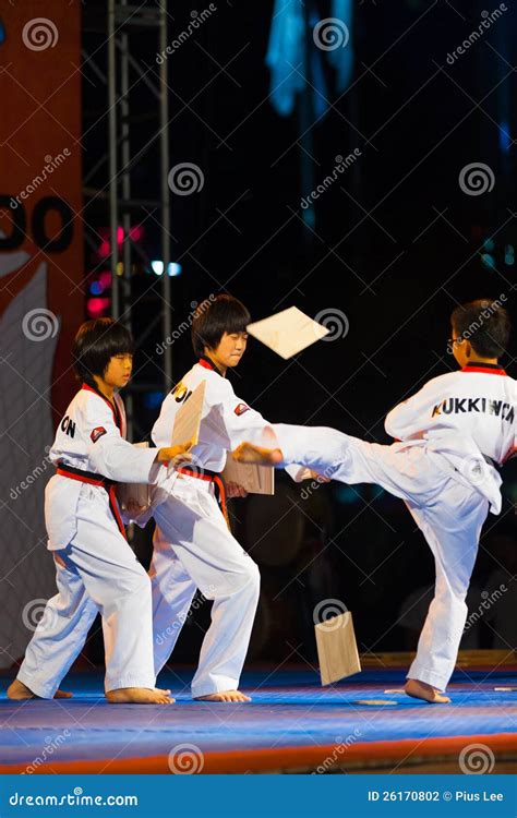 Young Korean Boys Taekwondo Kicking Demonstration Editorial Photography