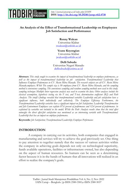 Pdf An Analysis Of The Effect Of Transformational Leadership On Employees Job Satisfaction And