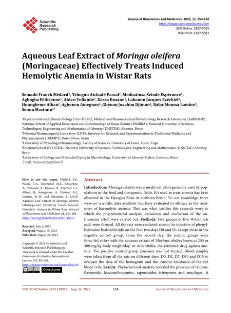 Pdf Aqueous Leaf Extract Of Moringa Oleifera Moringaceae