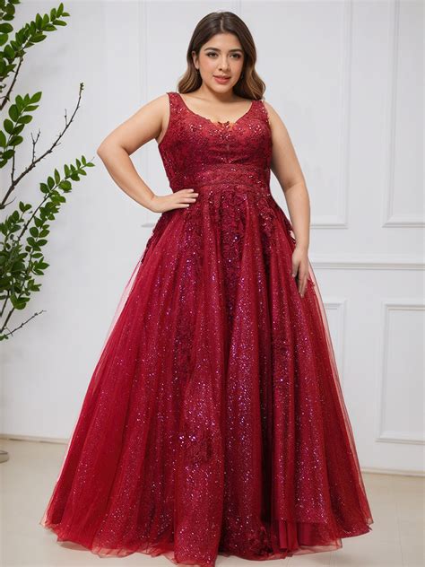 Glitter Burgundy A Line Floor Length Long Plus Size Prom Dress