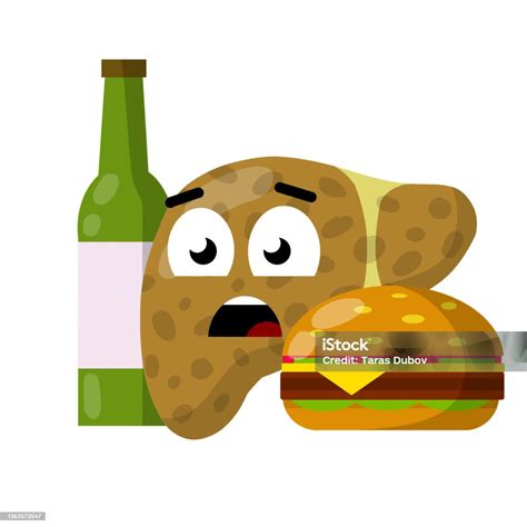 나쁜 간 사람의 슬픈 내부 기관 알코올 맥주 캐릭터 질병과 원인 만화 평면 일러스트 건강 관리 및 의학 가공의 인물에 대한 스톡