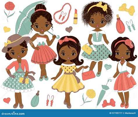 Vector Set With Cute Little African American Girls In Retro Style Stock
