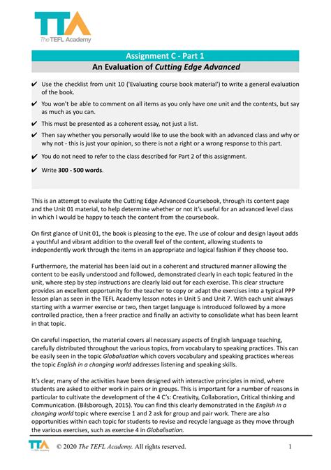 The Tefl Academy Assignment C Part 1 An Evaluation Of Cutting Edge Advanced The Tefl