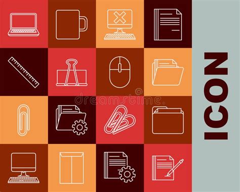 Set Line Blank Notebook And Pen Document Folder Computer With Keyboard X Mark Binder Clip