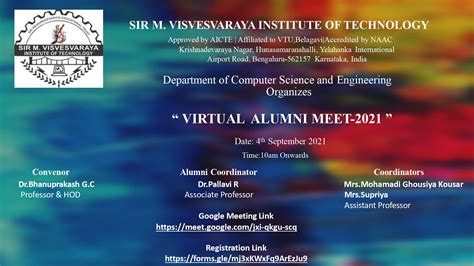 Department Of Cse Is Organising Alumni Meet Sir M Visvesvaraya Institute Of Technology