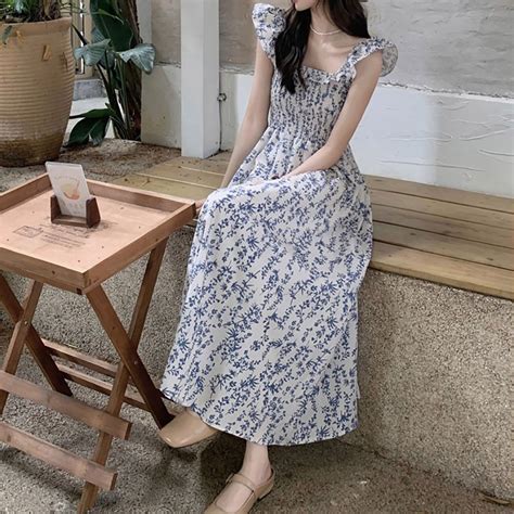 여자 블루 플라워 프릴 스퀘어넥 나시 롱원피스