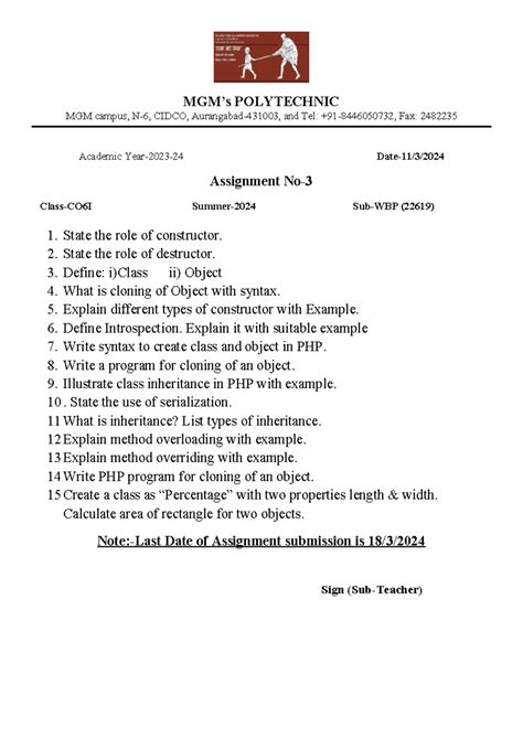 ASSIGNMENT NO FOR MAD SUBJECT MGMs POLYTECHNIC MGM Campus N CIDCO Aurangabad