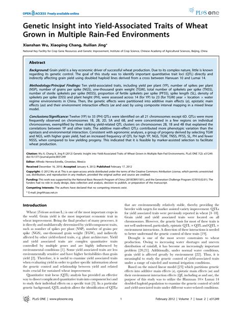 Pdf Genetic Insight Into Yield Associated Traits Of Wheat Grown In