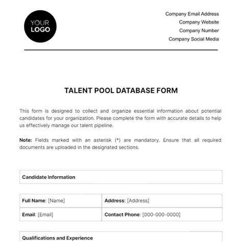 Talent Pool Database Form Hr Template Edit Online And Download Example