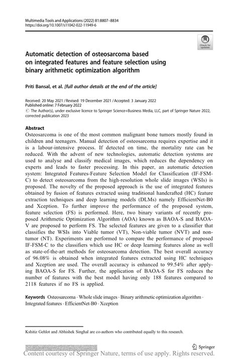 Automatic Detection Of Osteosarcoma Based On Integrated Features And Feature Selection Using