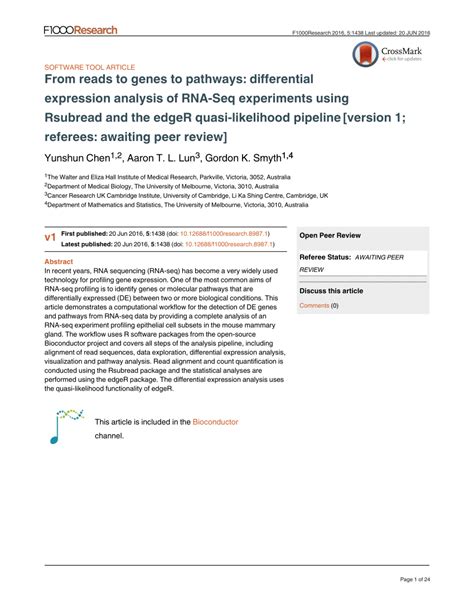 Pdf From Reads To Genes To Pathways Differential Expression Analysis Of Rna Seq Experiments