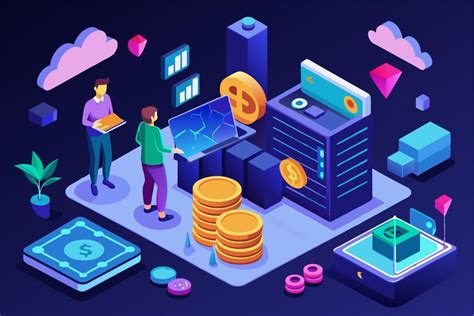 Premium Vector A Man And Woman Standing In Front Of A Computer With Stacks Of Coins