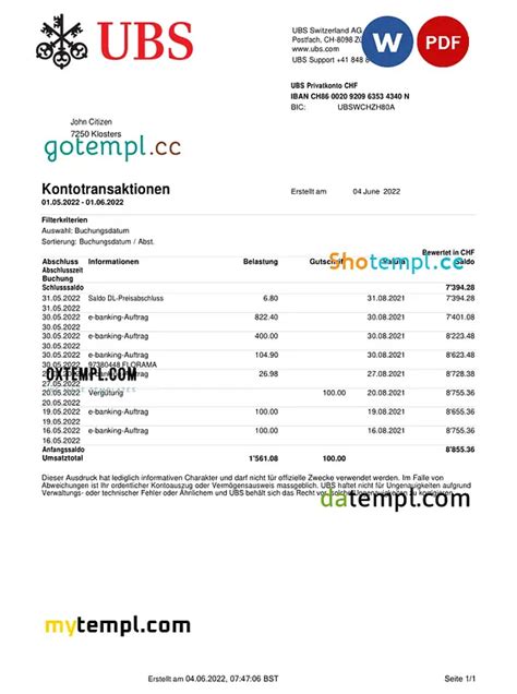 Switzerland Ubs Bank Statement Word And Pdf Template 2 In 2022 Bank Statement Statement
