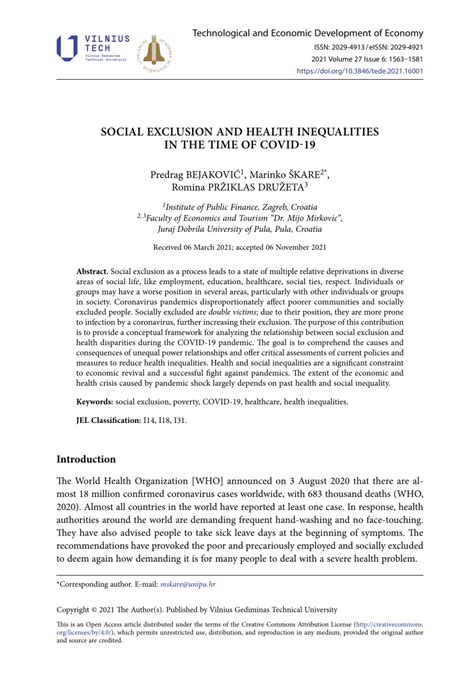 Pdf Social Exclusion And Health Inequalities In The Time Of Covid 19