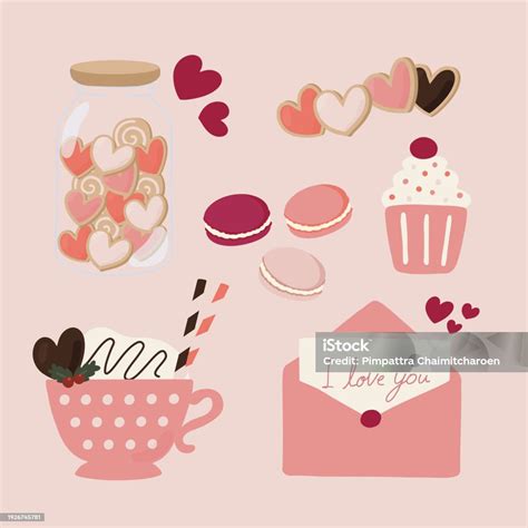 손으로 그린 평면 그림 귀여운 파스텔 핑크 스티커 팩 하트 모양의 쿠키 항아리 과자 마카롱 연애 편지 컵 케이크 음료의 낙서 세트 발렌타인 데이 생일 웨딩 컨셉에 마카롱에