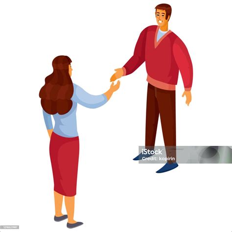 3d 이섬 빨간 스웨터를 입은 남자가 어두운 머리를 가진 여자와 악수하고 흰색 배경에 고립 된 물체 벡터 일러스트레이션 가공의 인물에 대한 스톡 벡터 아트 및 기타 이미지