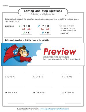 One Step Equations Addition And Subtraction Worksheet Pdf Fill Online Printable Fillable