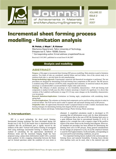 Pdf Incremental Sheet Forming Process Modelling Plimitation Analysis