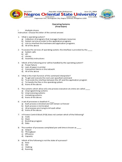 Operating Systems Final Exam Pdf Process Computing Operating System
