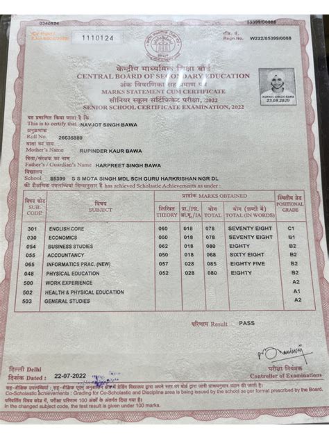 Class 12 Marksheet Pdf