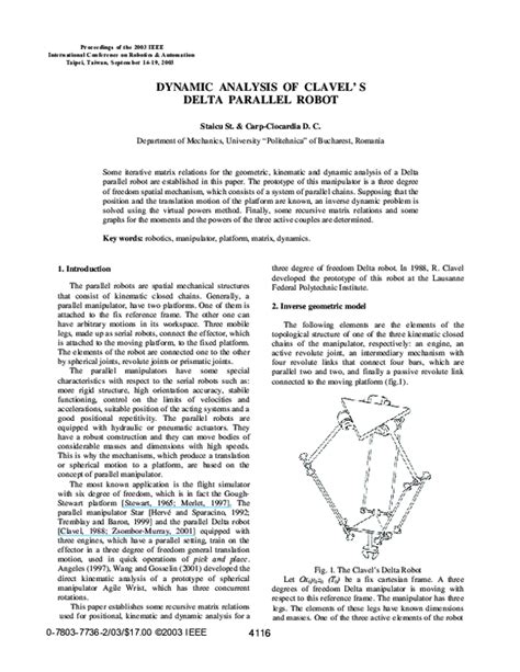 Pdf Dynamic Analysis Of Clavels Delta Parallel Robot
