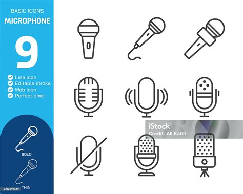 마이크 얇은 선 아이콘 모음입니다 편집 가능한 스트로크 벡터 일러스트 레이 션 웹사이트 디자인 로고 앱 템플릿 Ui 인포그래픽