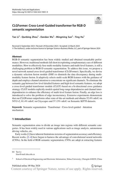 clgformer cross level guided transformer for rgb d semantic segmentation