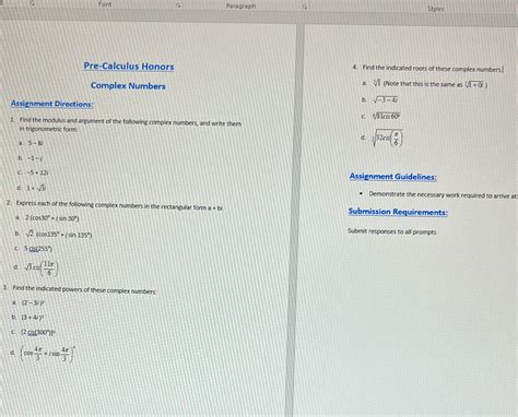 Solved Font Paragraph Styles Pre Calculus Honors 4 Find The Indicated Course Hero