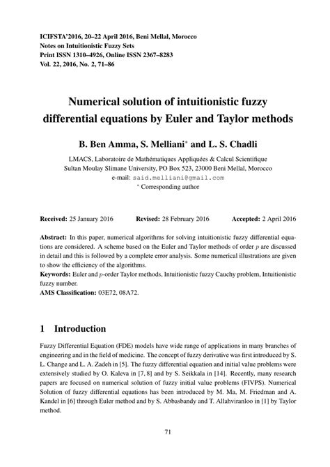 Pdf Numerical Solution Of Intuitionistic Fuzzy Differential Equations