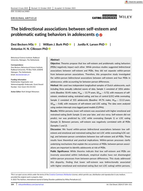 The Bidirectional Associations Between Self Esteem And Problematic Eating Pdf Self Esteem